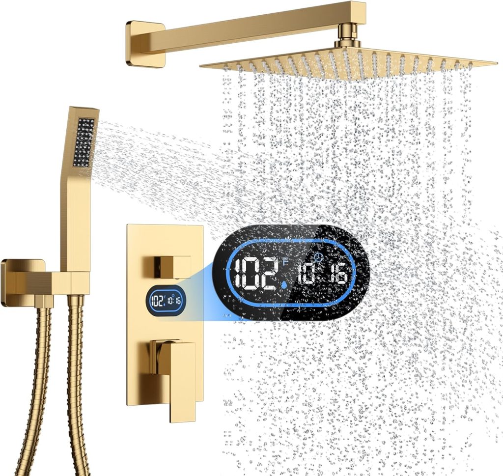 Brushed Gold Wall-Mounted Shower System with 10-Inch Shower Head ...